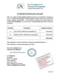 Networth Certificate Format - Single Person & Single Currency Format