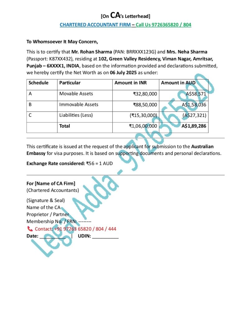 Net Worth Certificate for Australia Visa - CA Report in AUD Format